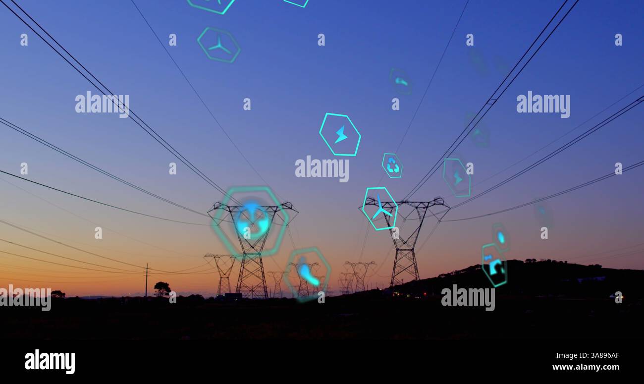 Image of digital icons over power lines Stock Photo - Alamy