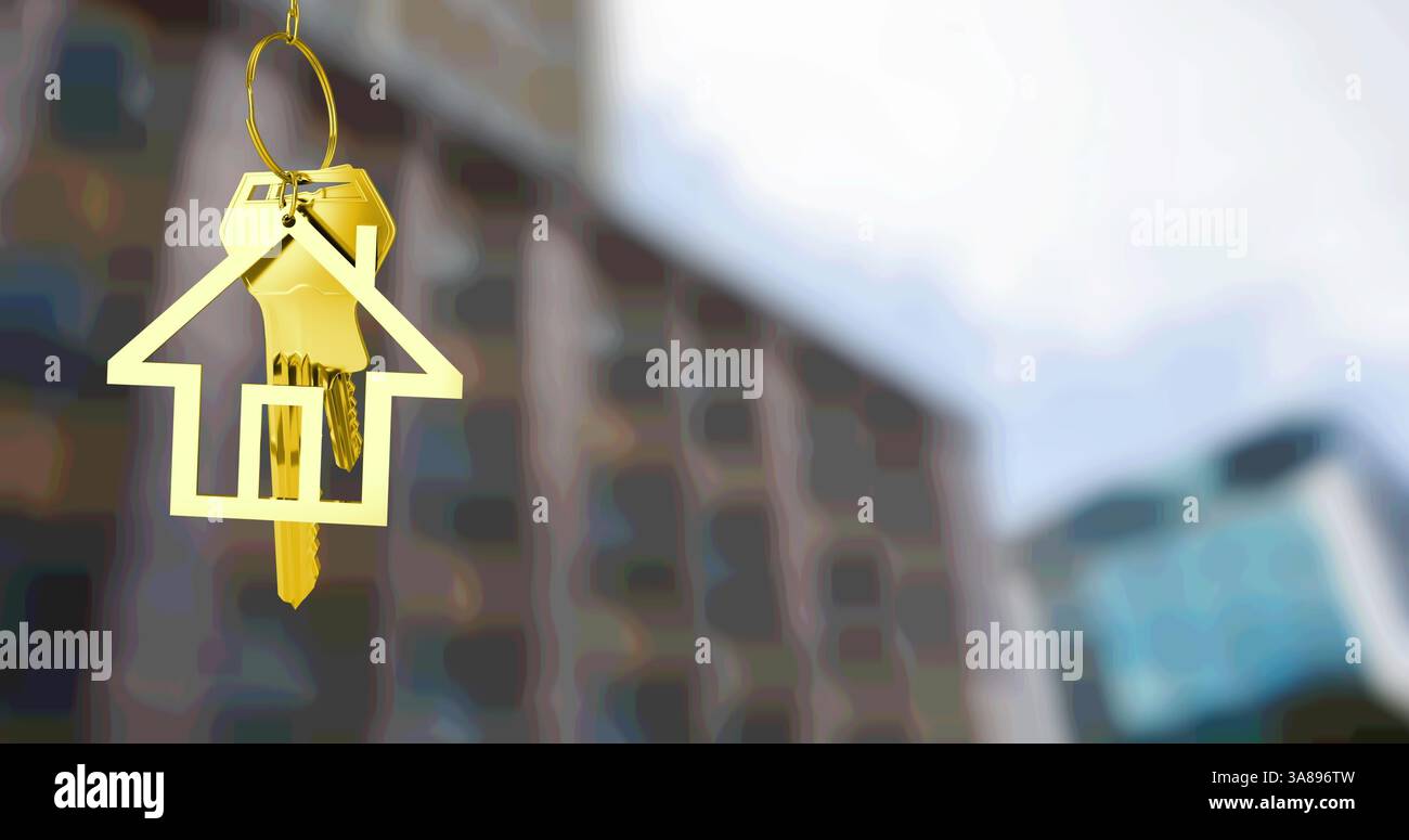 Image of gold house key fob and key, hanging in front of blurred city ...