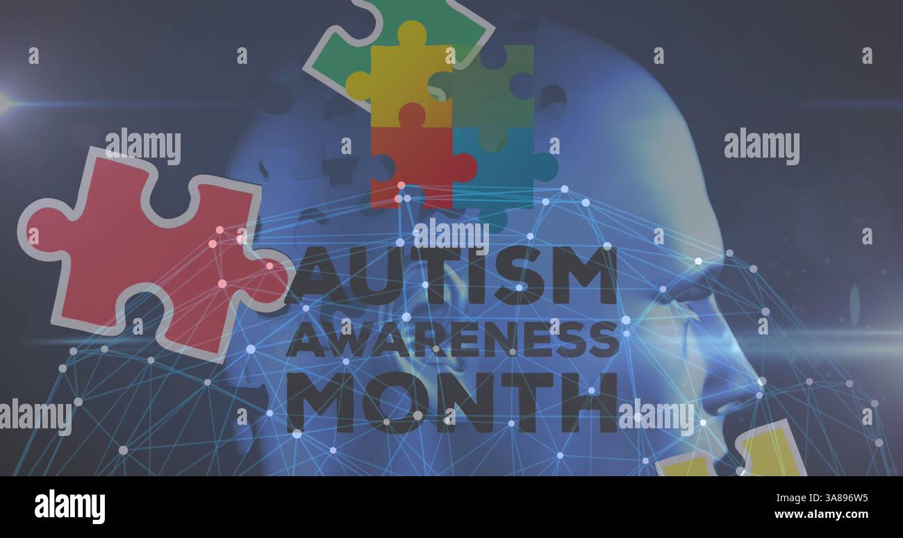Image of colourful puzzle pieces, globe and autism awareness month text ...