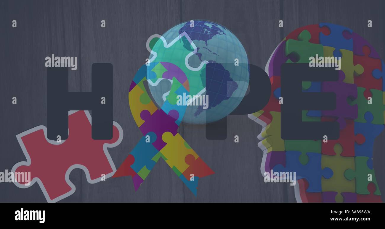 Image of colourful puzzle pieces, globe and hope text Stock Photo - Alamy