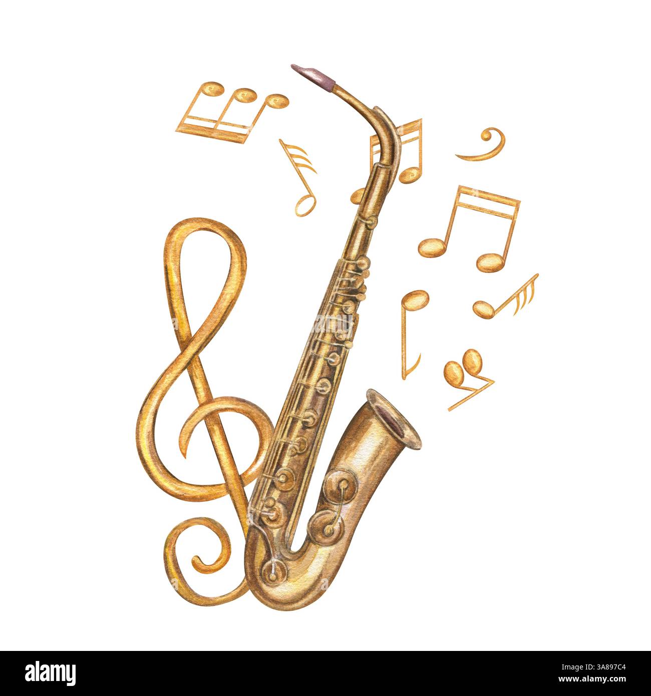 Watercolor golden Brass saxophone with floating music notes in air ...