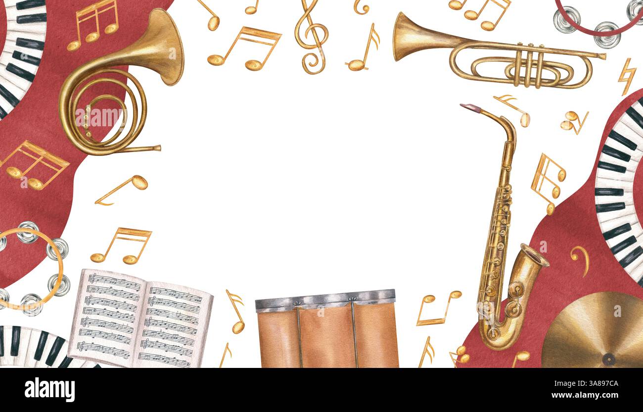 Watercolor percussion, string and wind instruments, musical notes, red ...