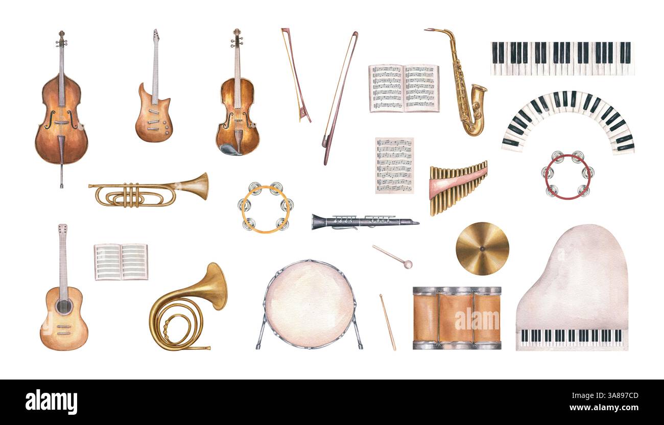 Watercolor musical percussion, string and wind instruments clip art ...