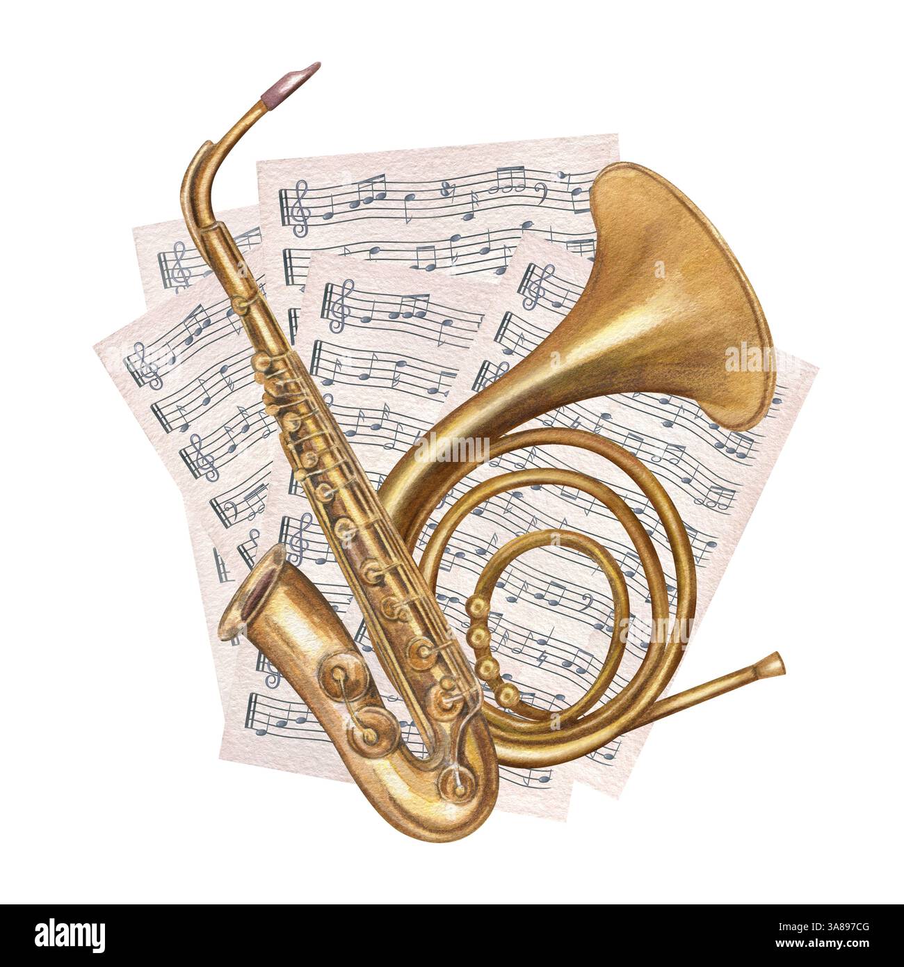 French horn, saxophone on vintage sheet music paper watercolor ...