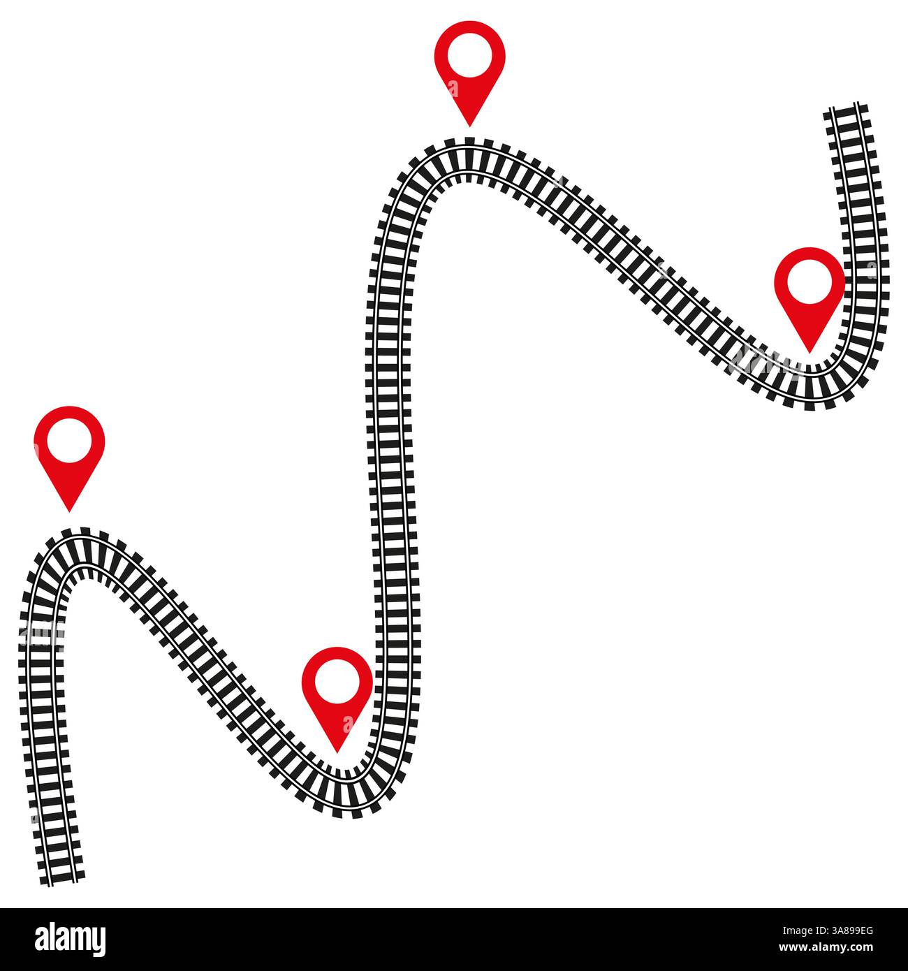 Curved railway track. Train route path. Location pin markers. Vector transport map Stock Vector ...