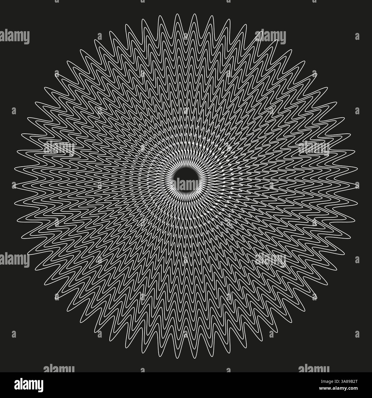 Radial zigzag pattern. Abstract circular symmetry. White lines on black ...