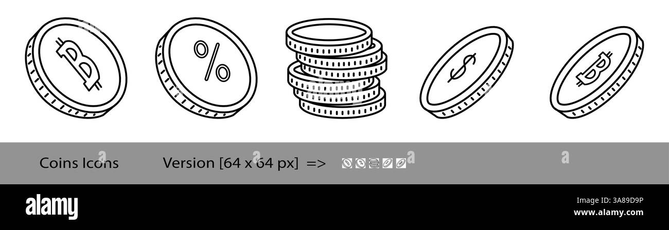 Coins icons. Icons 64x64 px. Bitcoin icons. Dollar coin icons. Stack of ...