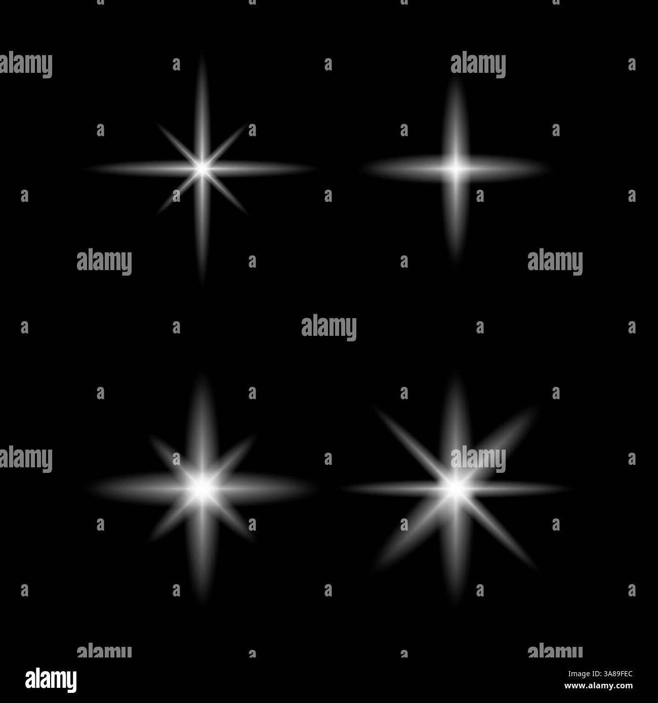 Bright white stars. Glowing light effect. Abstract black background. Minimal starburst icons ...