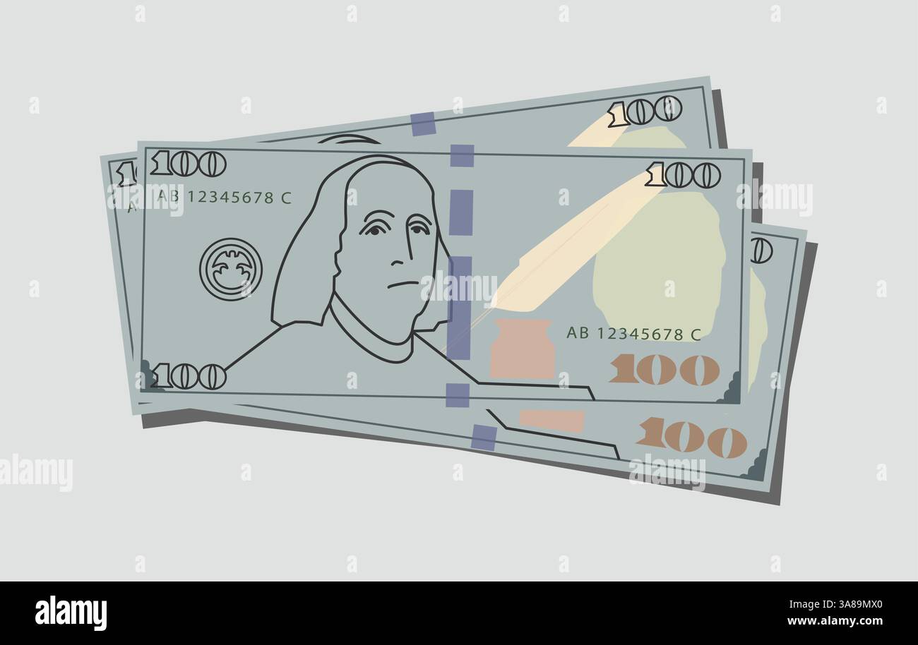 Hundred dollar bills. An illustration of American dollar notes isolated ...