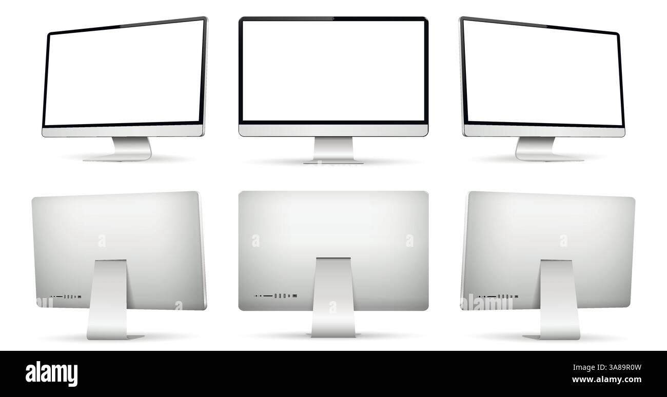 Realistic computer screen mockup. Computer display on three sides with blank screen. Front and ...