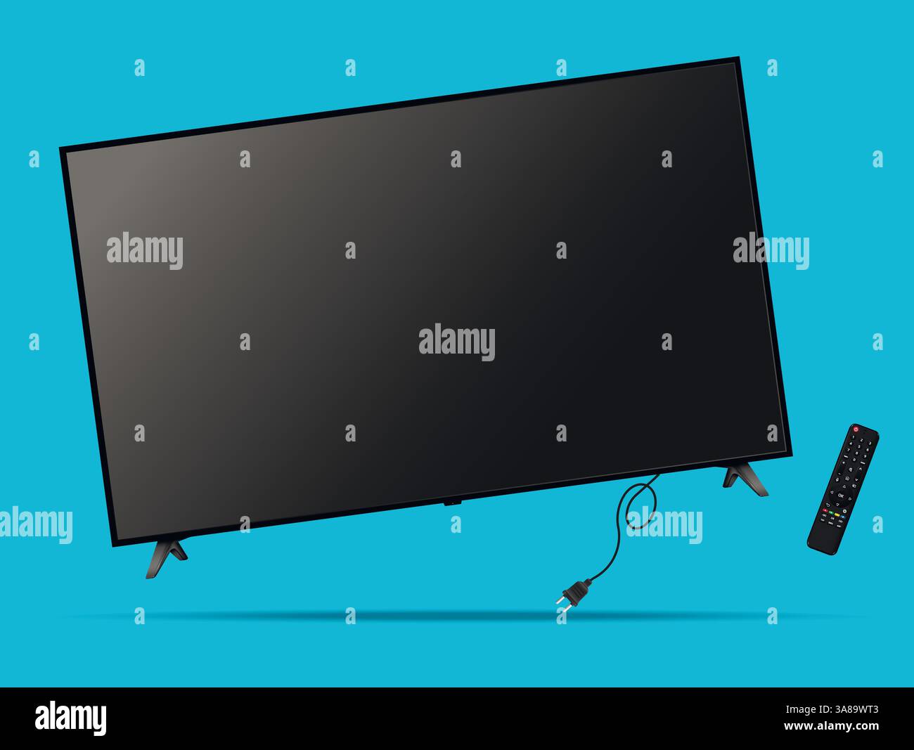 TV screen with remote control levitation on blue background. Vector ...