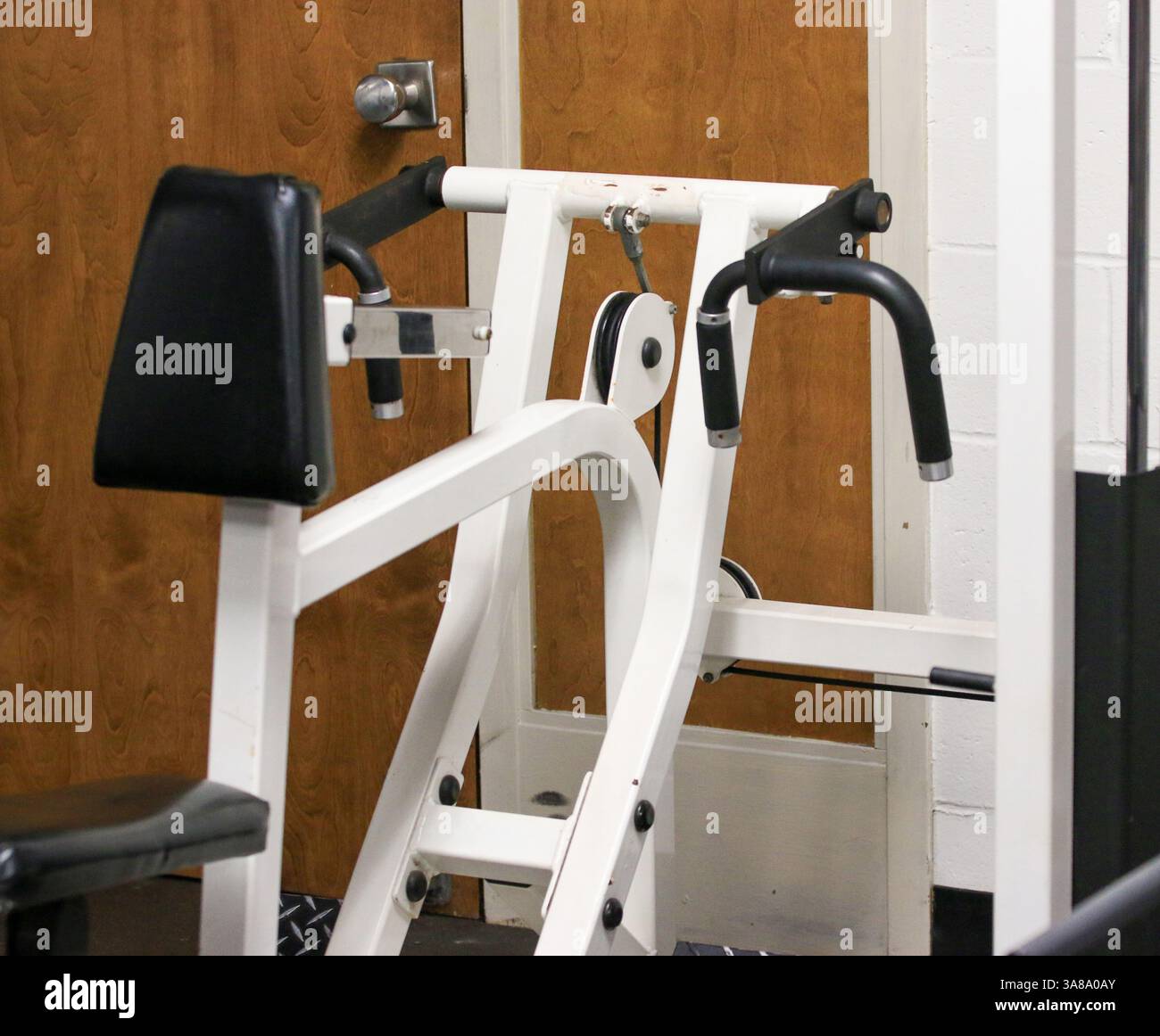 Strength training equipment is set up in a gym environment with a ...