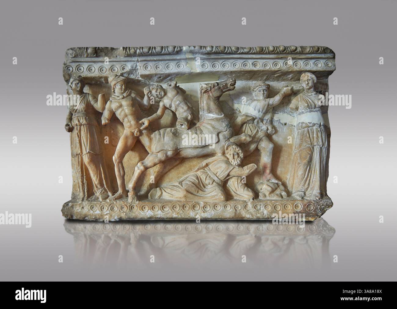 Etruscan funerary cinerary urn (cineraria) side panel with relief ...