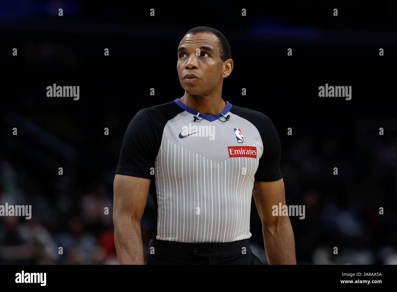 Referee Phenizee Ransom looks on during an NBA basketball game between ...