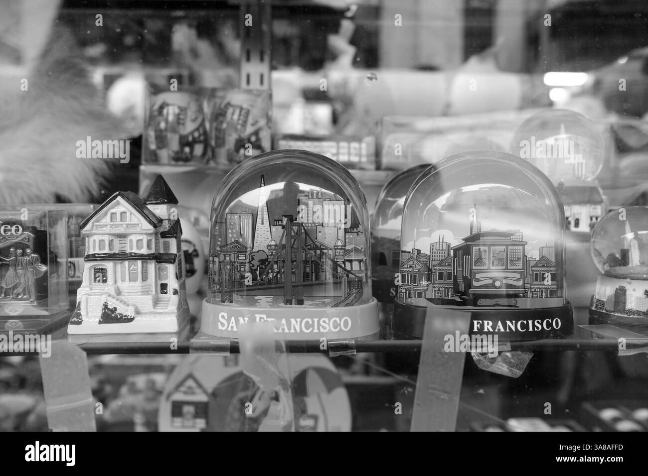 San Francisco snow globes and miniatures sit on display in a shop ...