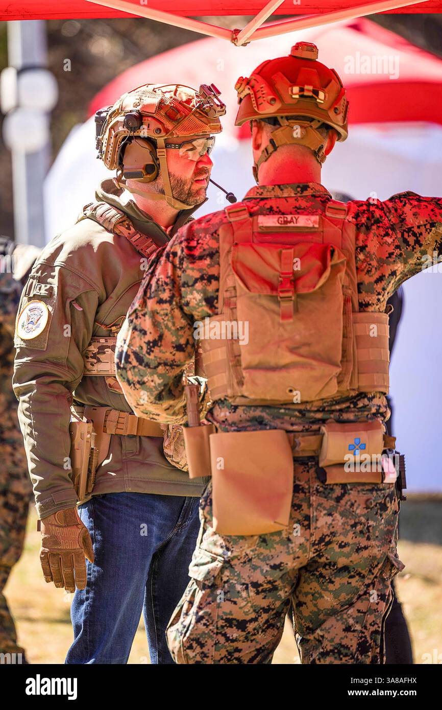 JD Vance, the Vice President of the United States, left, speaks with U ...