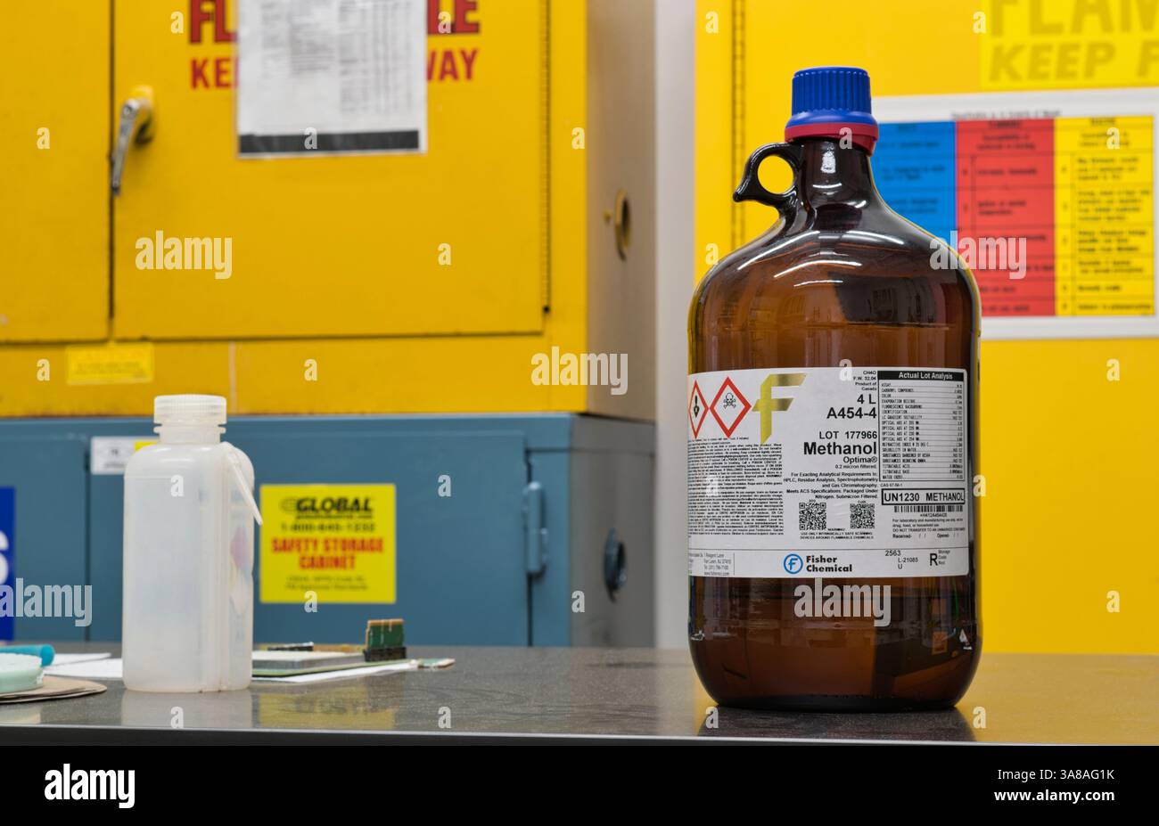 Houston, Texas USA 03-02-2025: Methanol bottle and flammable warning ...