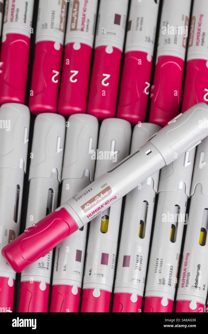 VINKOVCI, CROATIA, 05.26.2020: Humira injection pens displayed in an ...