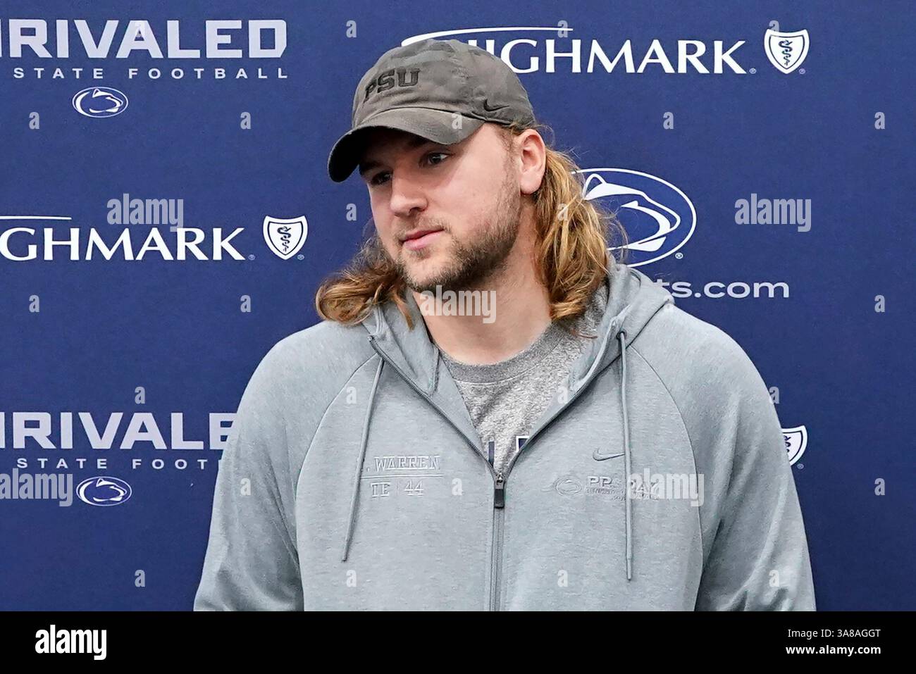 Penn State tight end Tyler Warren talks to reporters during the school ...