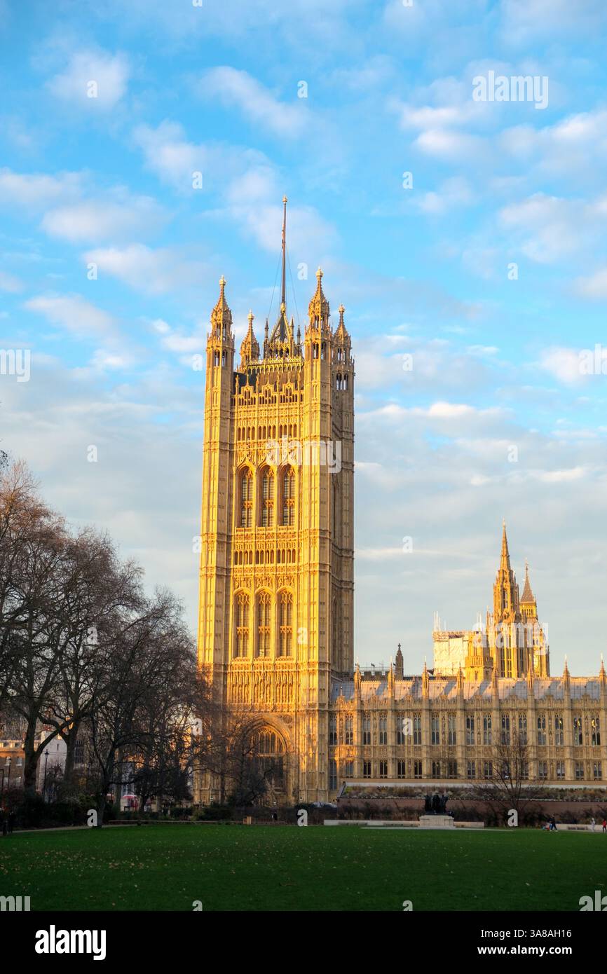 The Victoria Tower of London's Palace of Westminster glows in the sun, viewed from Victoria ...