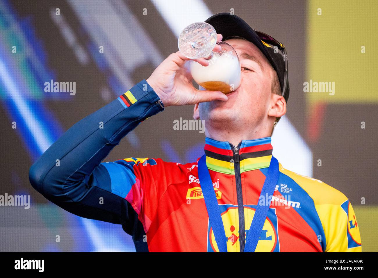Harelbeke, Belgium. 28th Mar, 2025. Danish Mads Pedersen of Lidl-Trek ...