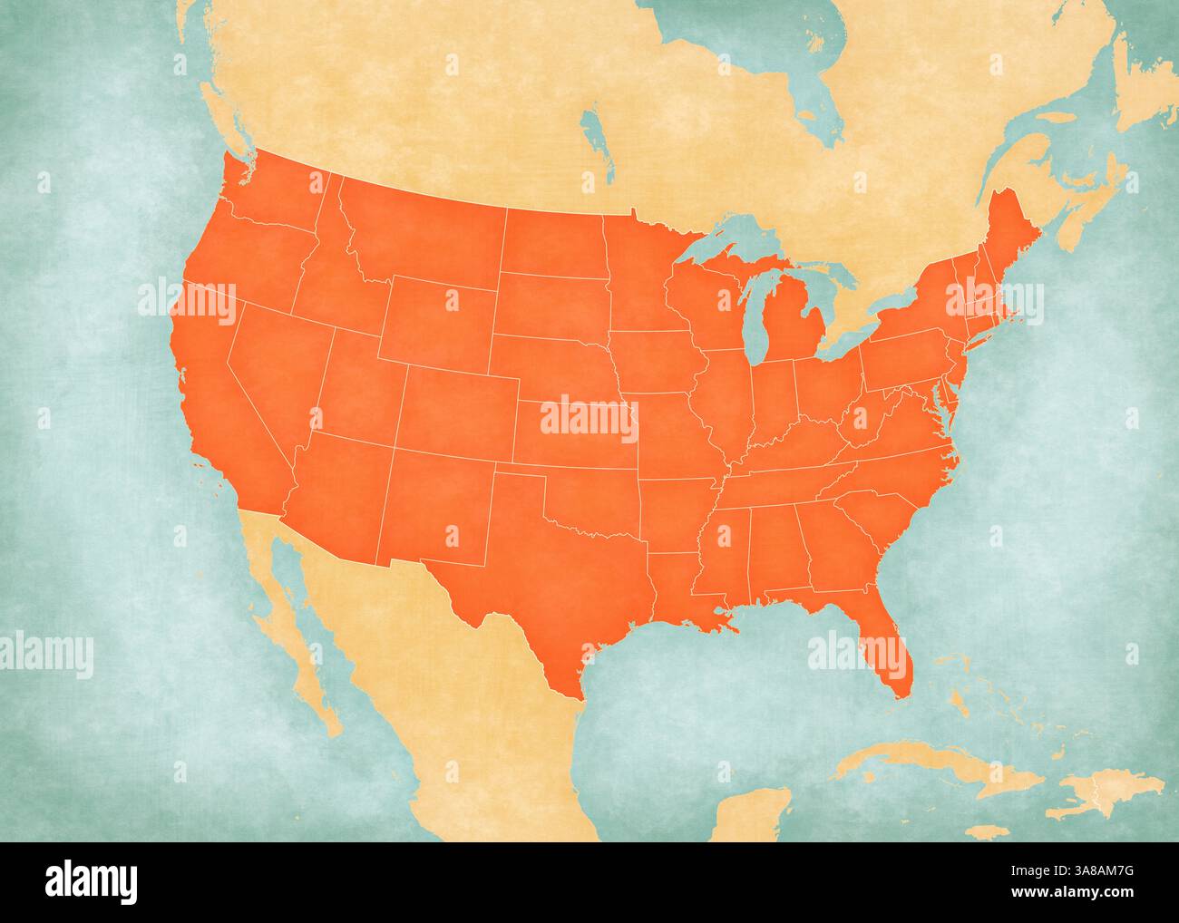 Borders of states on the map of United States of America in soft grunge ...