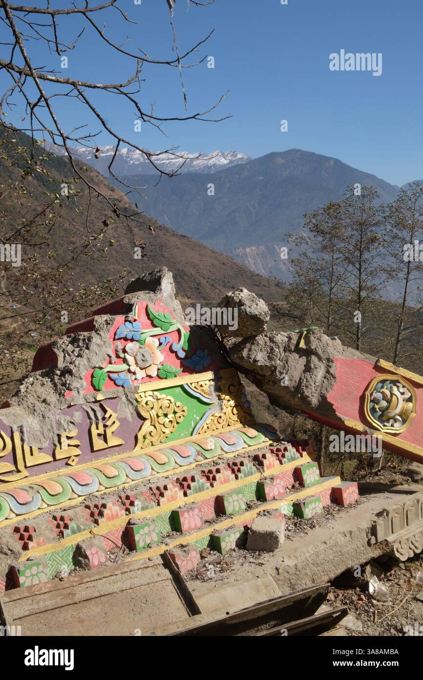 The ruins of a brightly decorated religious monument crumble in the ...