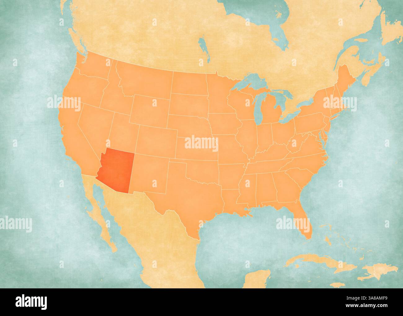 Arizona on the map of United States of America in soft grunge and ...