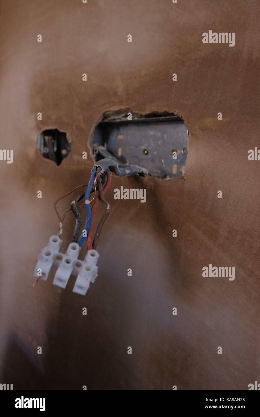 Electrical wiring with a terminal block exposed from a wall box, ready ...