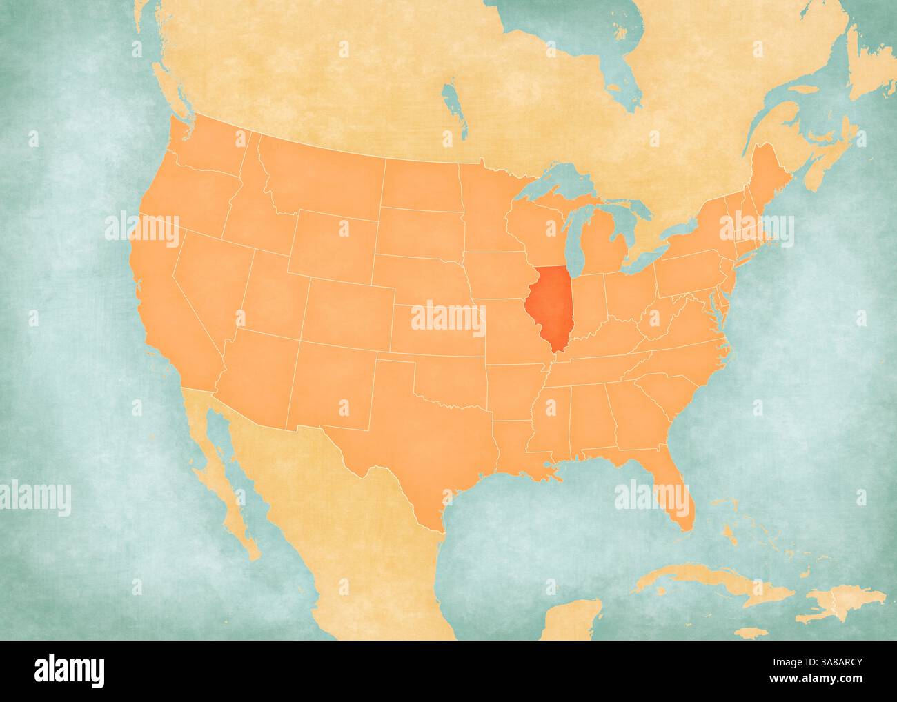 Illinois on the map of United States of America in soft grunge and ...