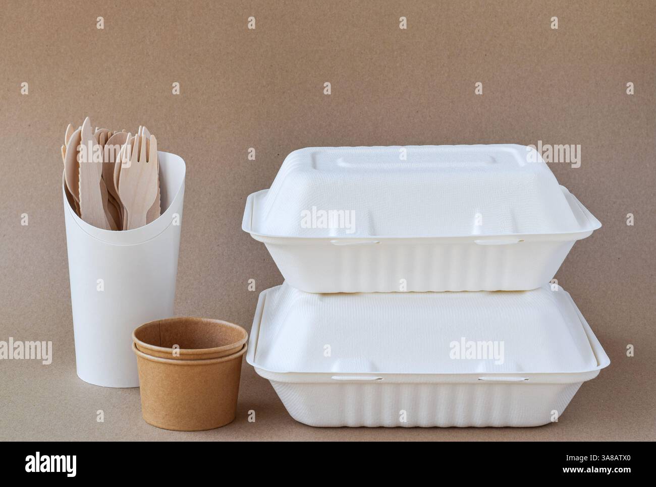 Group of single use biodegradable take out meal containers Stock Photo ...