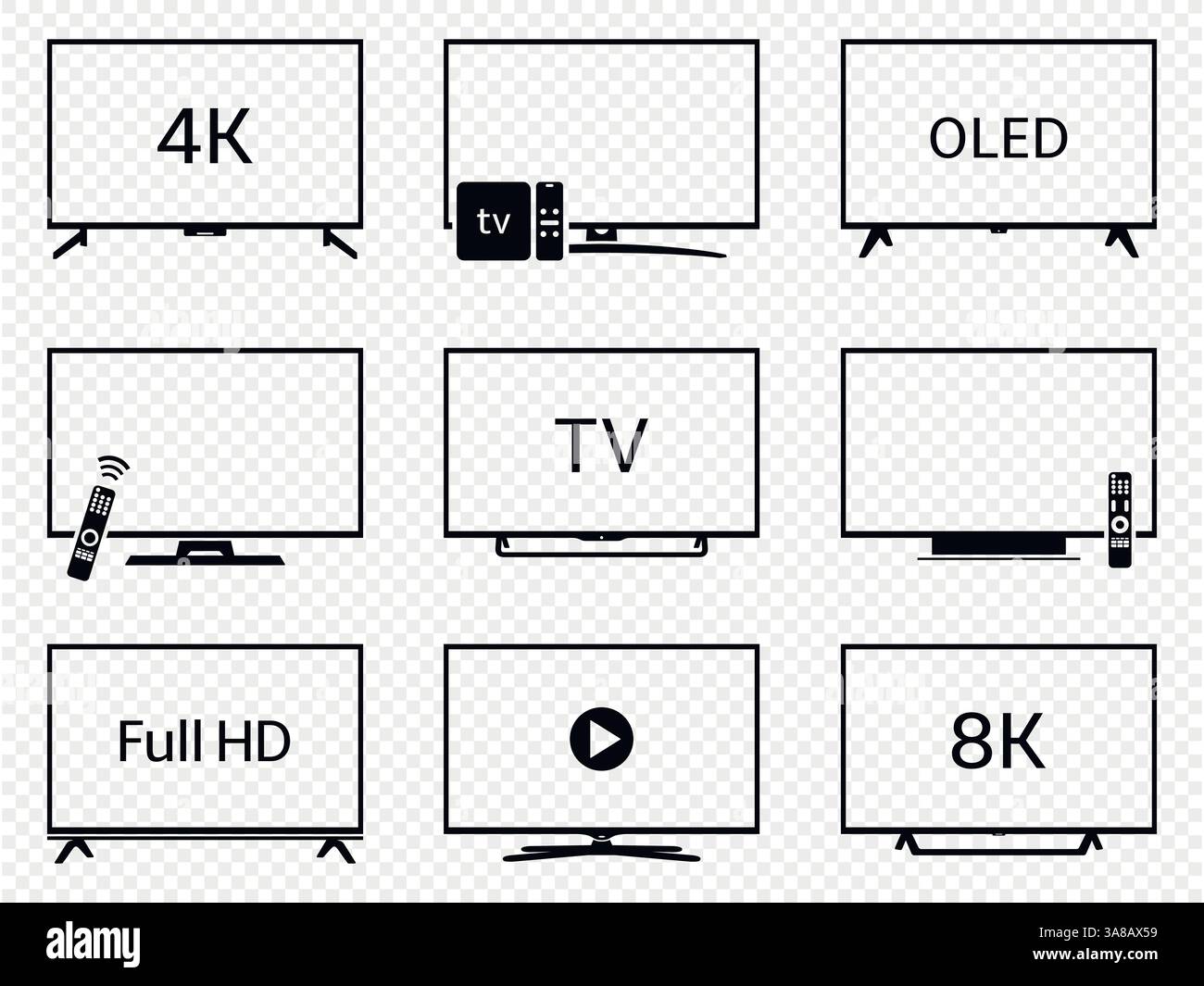 TV icons set. Contains such icons as 4K, Full HD, OLED, 8K. Modern ...