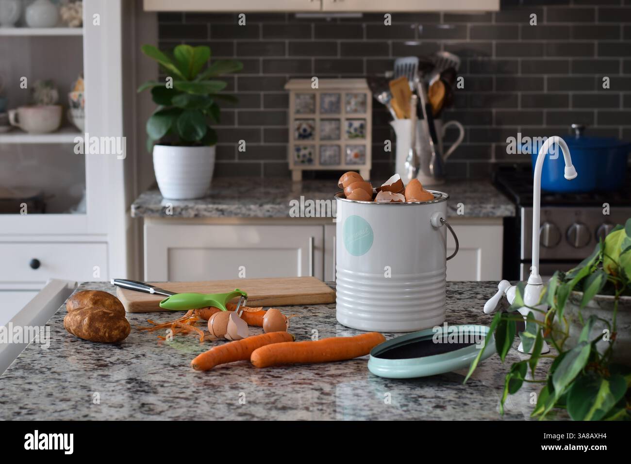 Composter with food scraps on kitchen counter top Stock Photo - Alamy