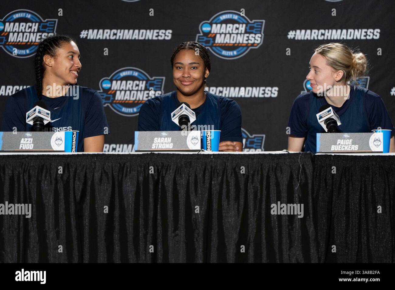 From left, UConn guard Azzi Fudd, forward Sarah Strong and guard Paige ...
