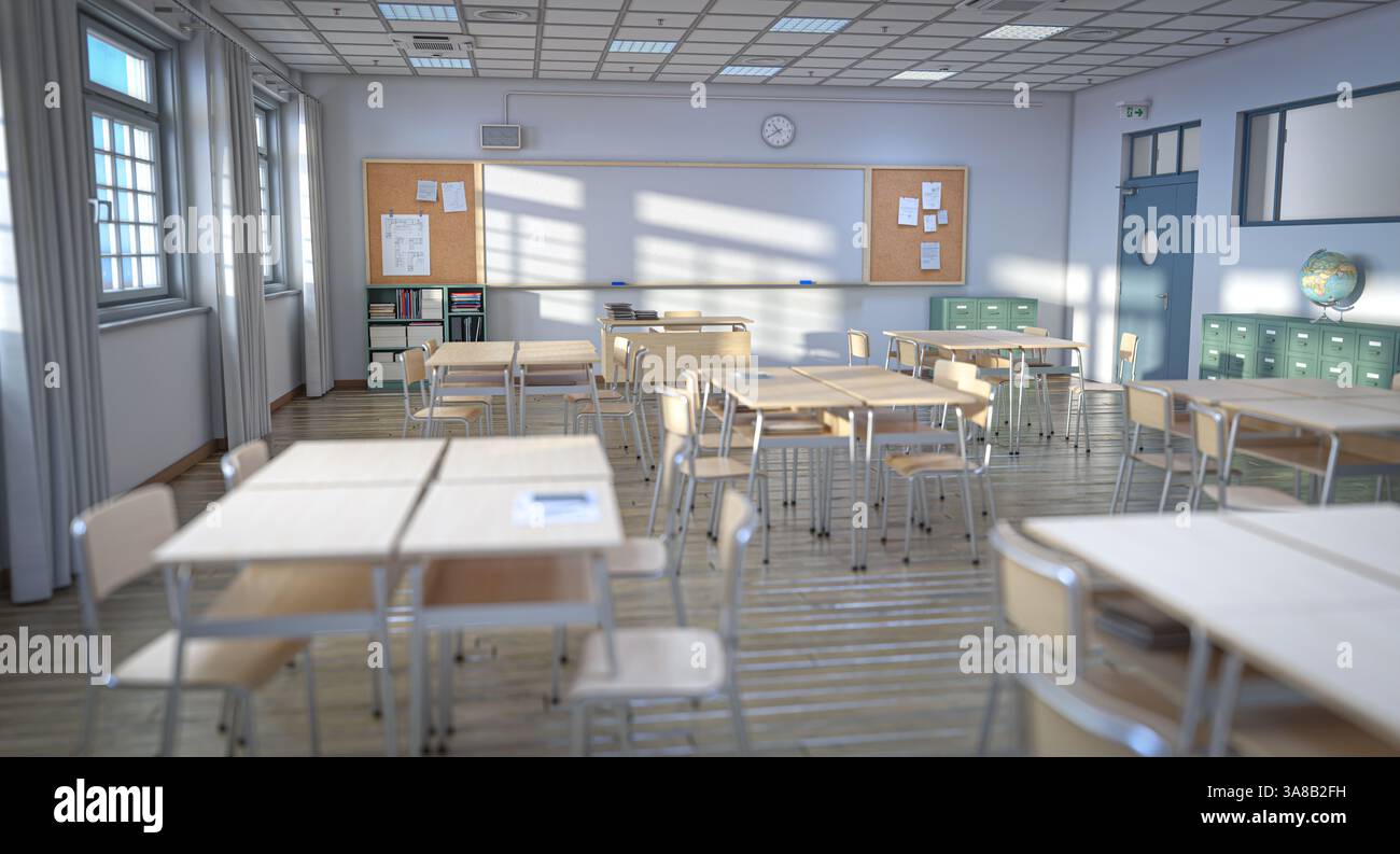 Empty classroom with sunlight shining through windows 3d background ...