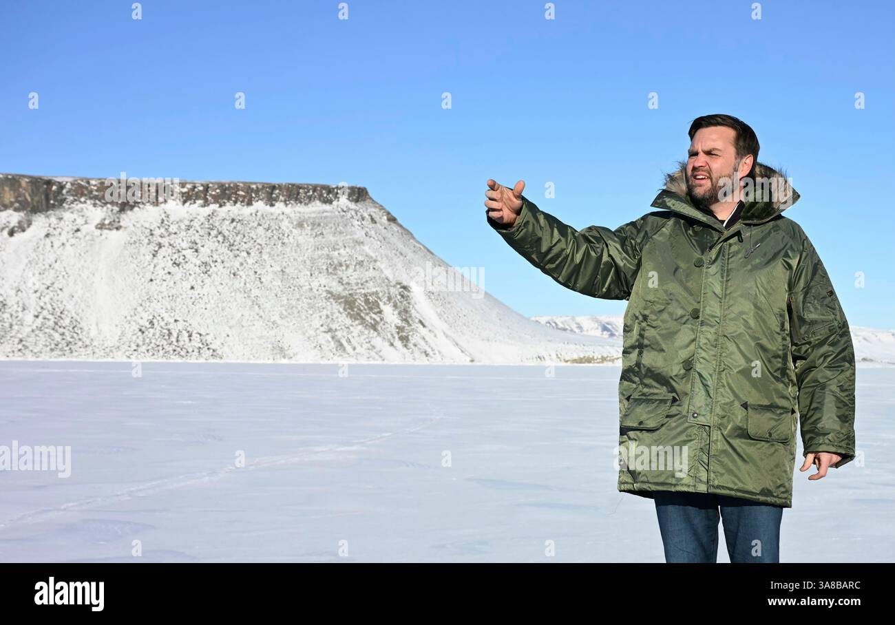 Vice President JD Vance gestures as he tours Pituffik Space Base ...