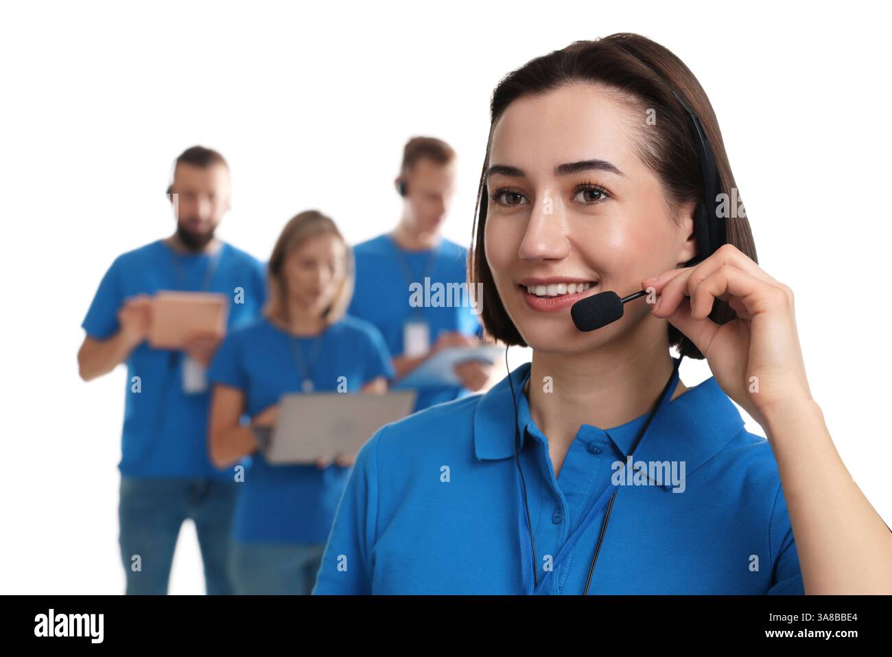 Technical support call center. Smiling operator on white background ...