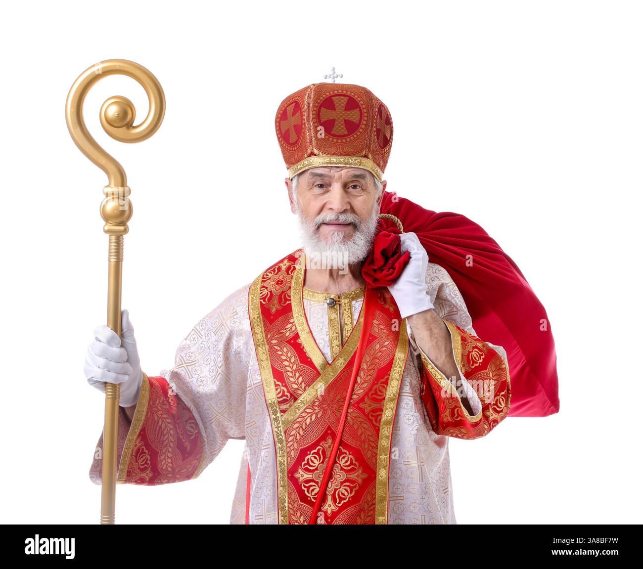 Saint Nicholas with sack on white background Stock Photo - Alamy