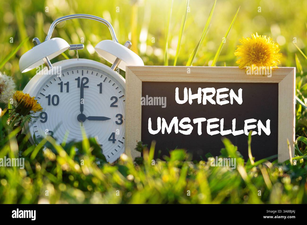 Bavaria, Germany - March 28, 2025: PHOTOMONTAGE, A white alarm clock ...