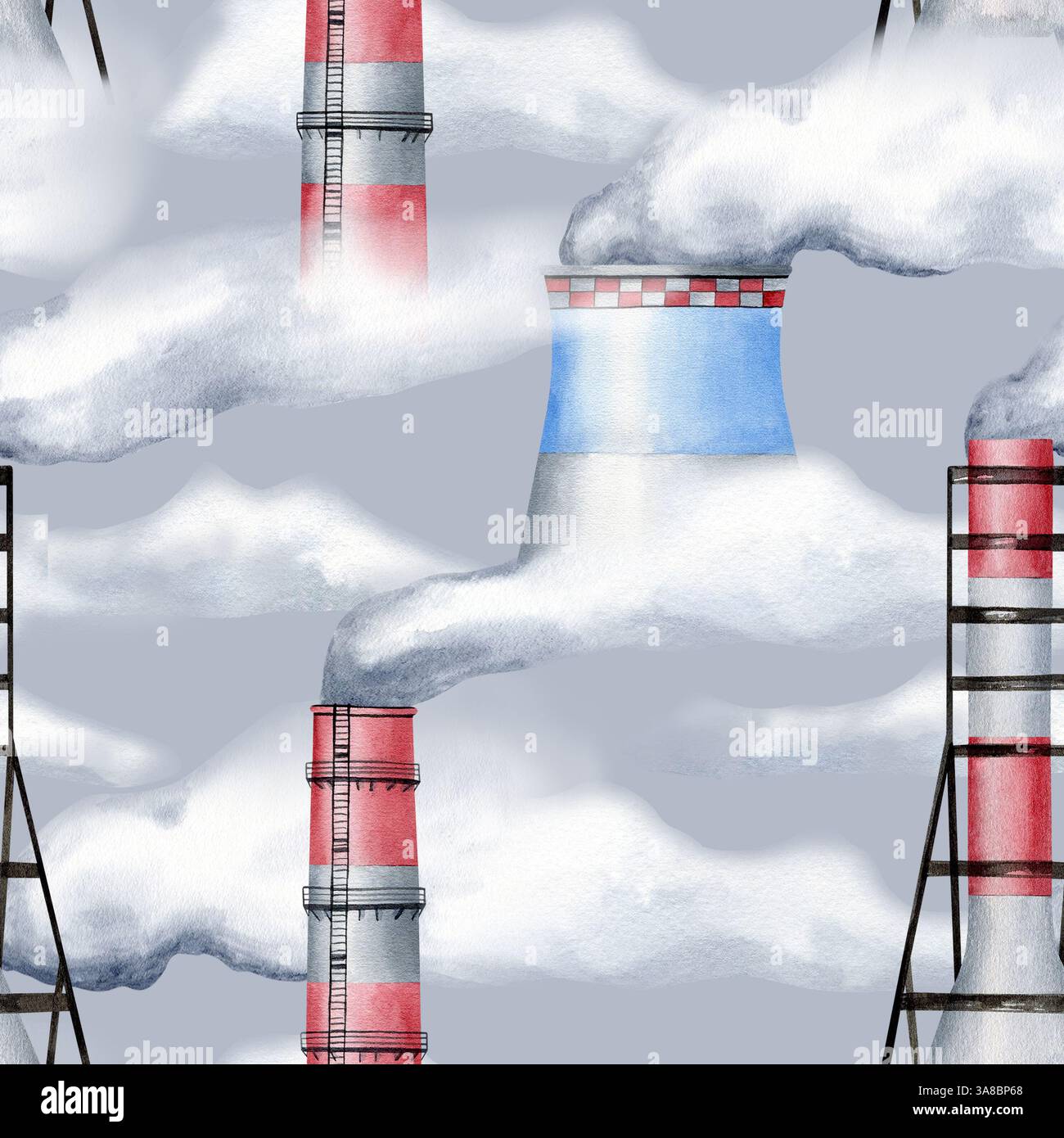 Chimneys factories watercolor seamless pattern isolated on grey ...