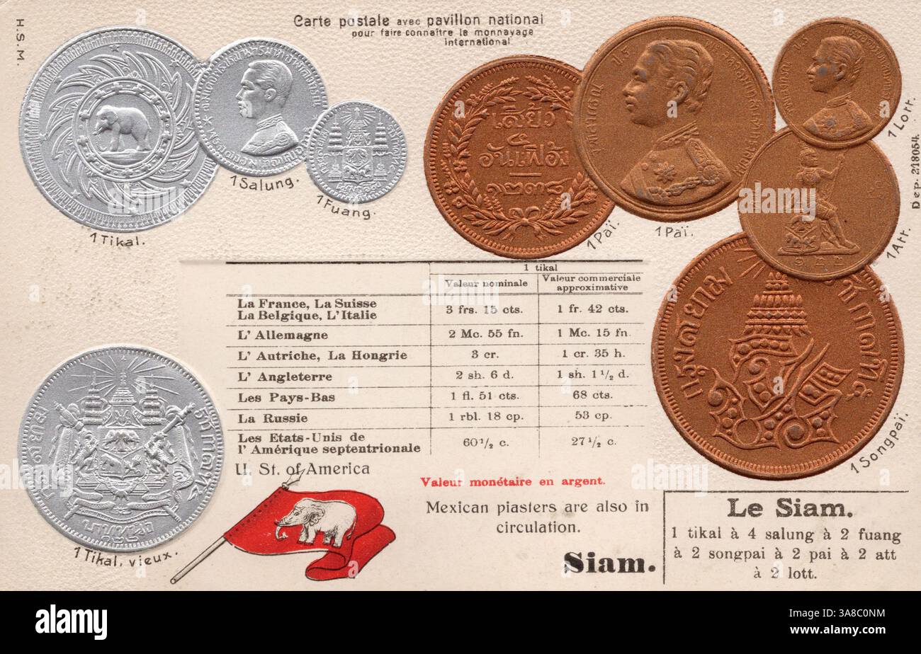 Currency of Siam, early 1900s embossed coin postcard Stock Photo - Alamy