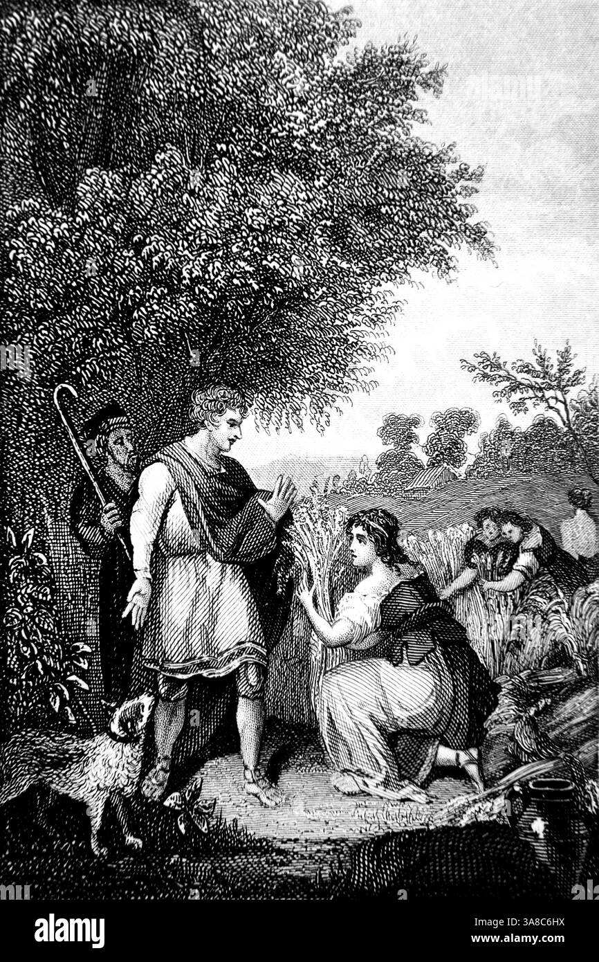 Steel Engraving Boaz and Ruth Meeting in a Cornfield while Ruth is ...