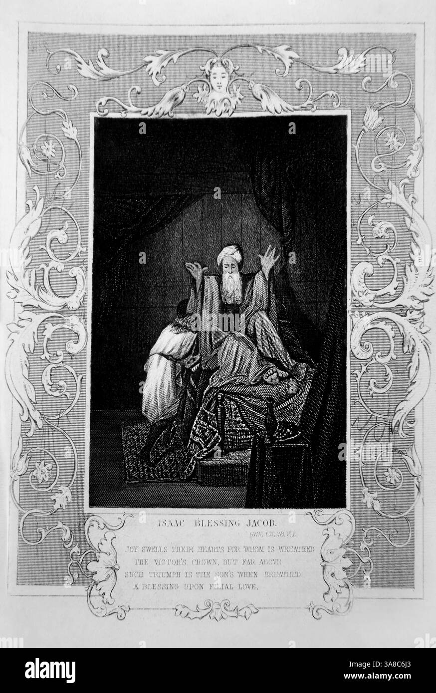 Steel Engraving of Isaac Blessing Jacob - Rebekah And Jacob's Deception ...