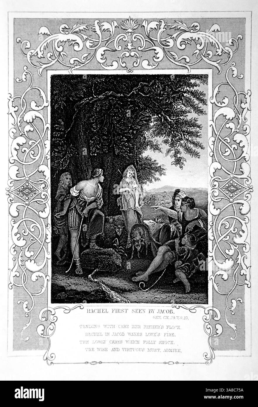 Steel Engraving of Jacob Meeting Shepherd Rachel at the Well of Haran ...