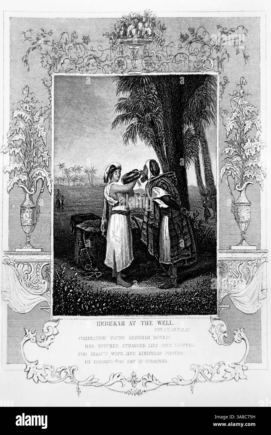 Steel Engraving of Rebekah offering water to Abraham's servant Eliezer ...