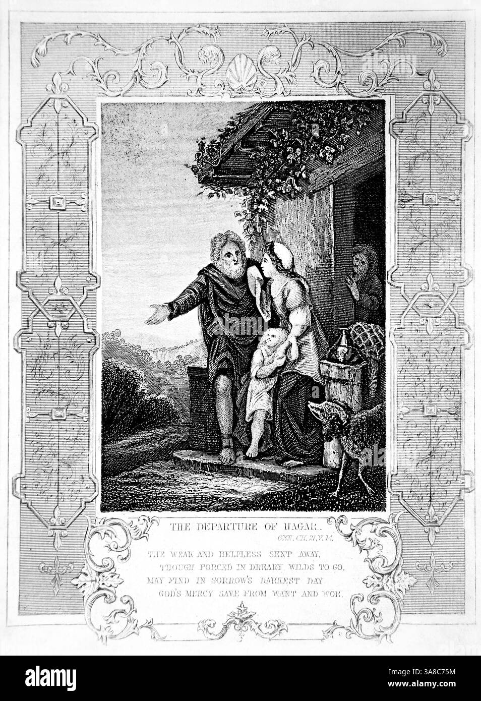 Steel Engraving of Abraham giving up Hagar and his Son Ishmael while ...