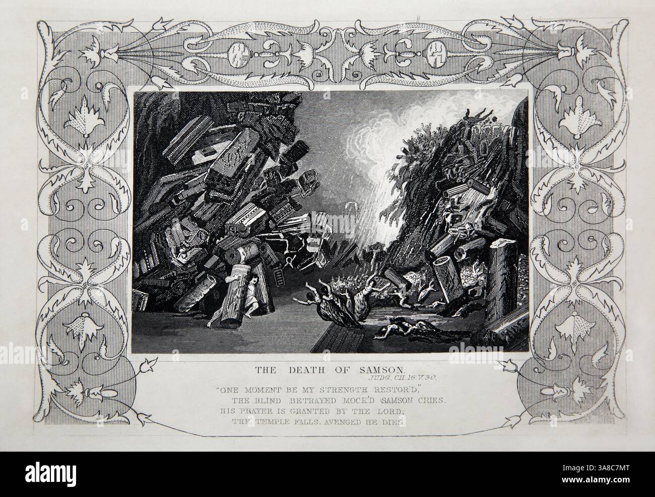 Steel Engraving of The Death of Samson by Grasping the Two Pillars of ...