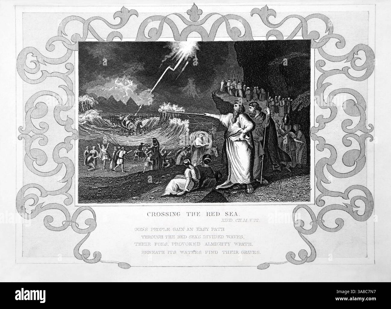 Steel Engraving of Moses Stretching Forth his Hand over the red Sea and ...