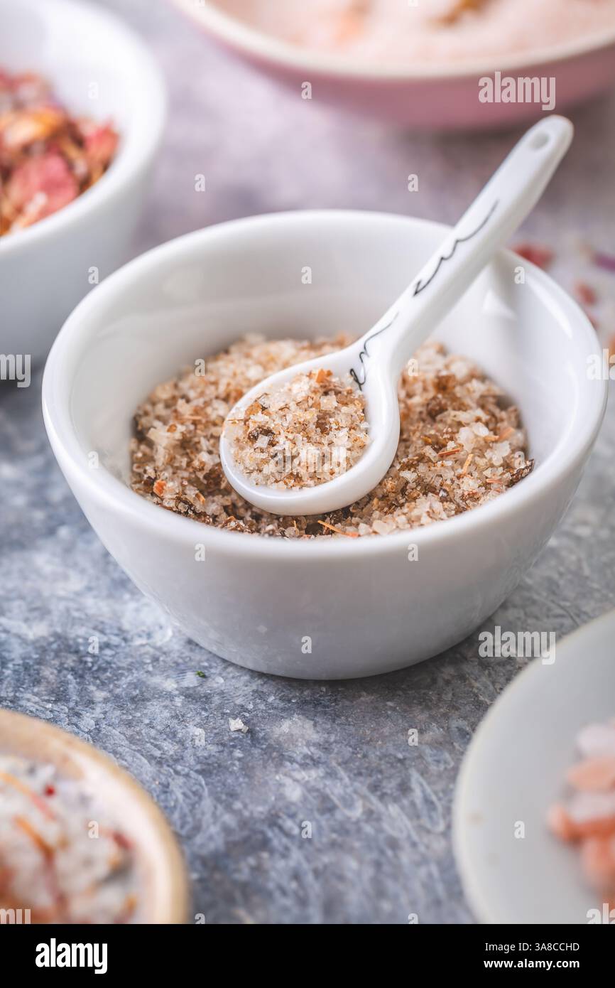 Assortment of different types of salt, sea, himalayan, saffron, with ...