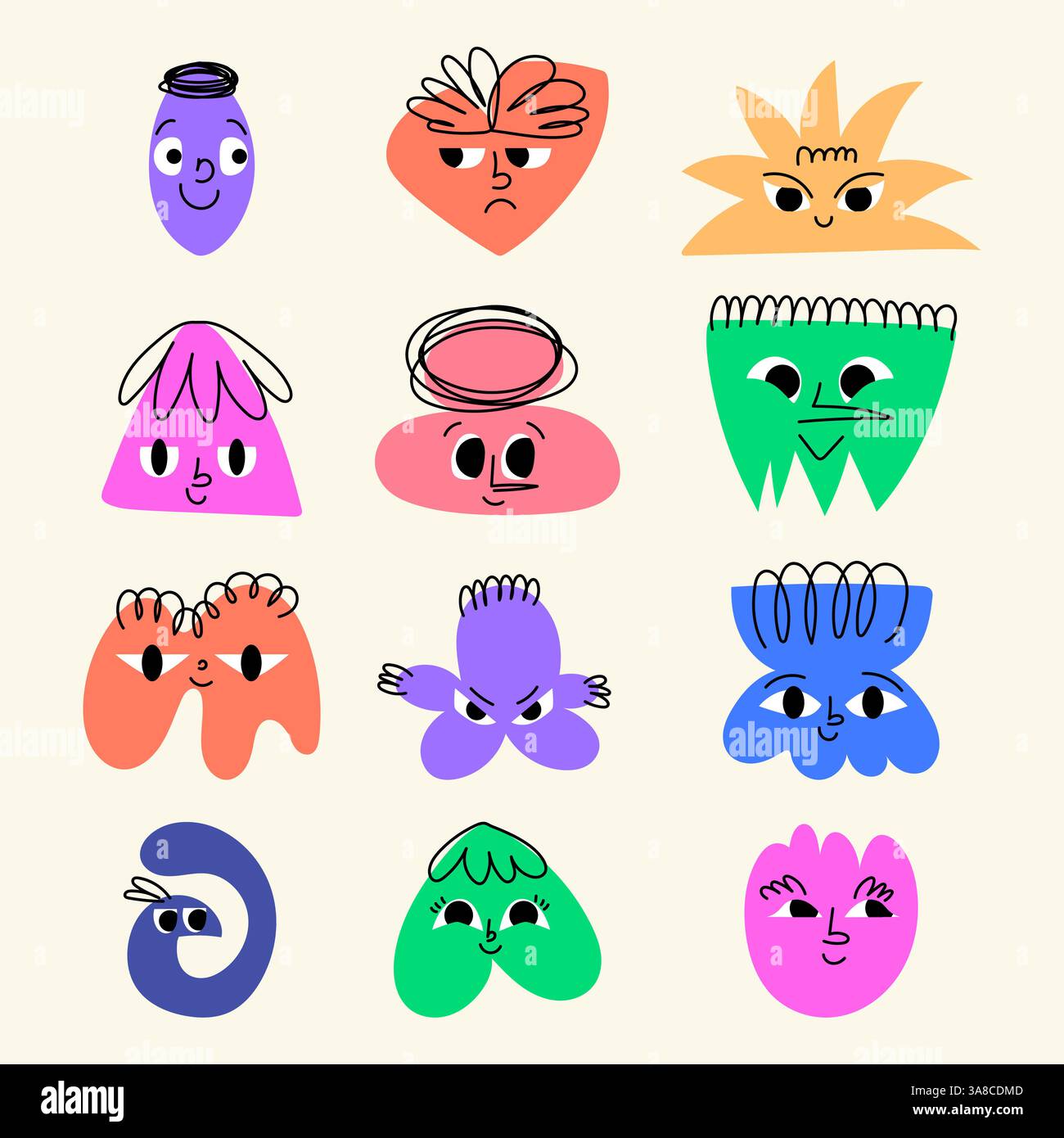 Set of Colorful Doodle Abstract Geometrical Shapes of Blobs with Faces ...